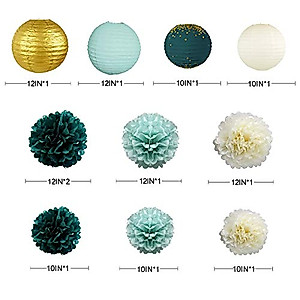 Hunter Green and Gold Hanging Tissue Lantern Flowers Pom Pom with 3D Butterflies Leaf Garland Streamer for Botanical Wedding Bridal Baby Shower Birthday Engagement Bachelorette Party Decorations