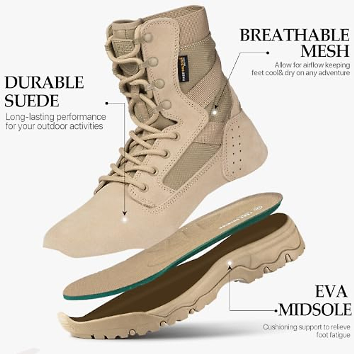 FREE SOLDIER Men's Tactical Boots 8 Inches Lightweight Combat Boot Durable Suede Leather Military Work Boots Desert Boot (Tan, 11)