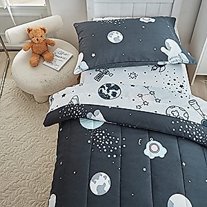 4 Pieces Toddler Bedding Set Space Theme for Baby Boys, Astronaut Planet Rocket Print on Black, Includes Comforter, Flat Sheet, Fitted Sheet and Pillowcase