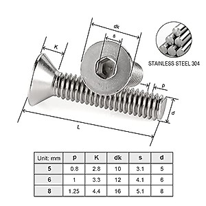 M6-1.0 x 20MM Flat Head Socket Cap Bolts, Allen Socket Drive Full Thread Bolt, Stainless Steel 304(18-8), Bright Finish, Quantity 50