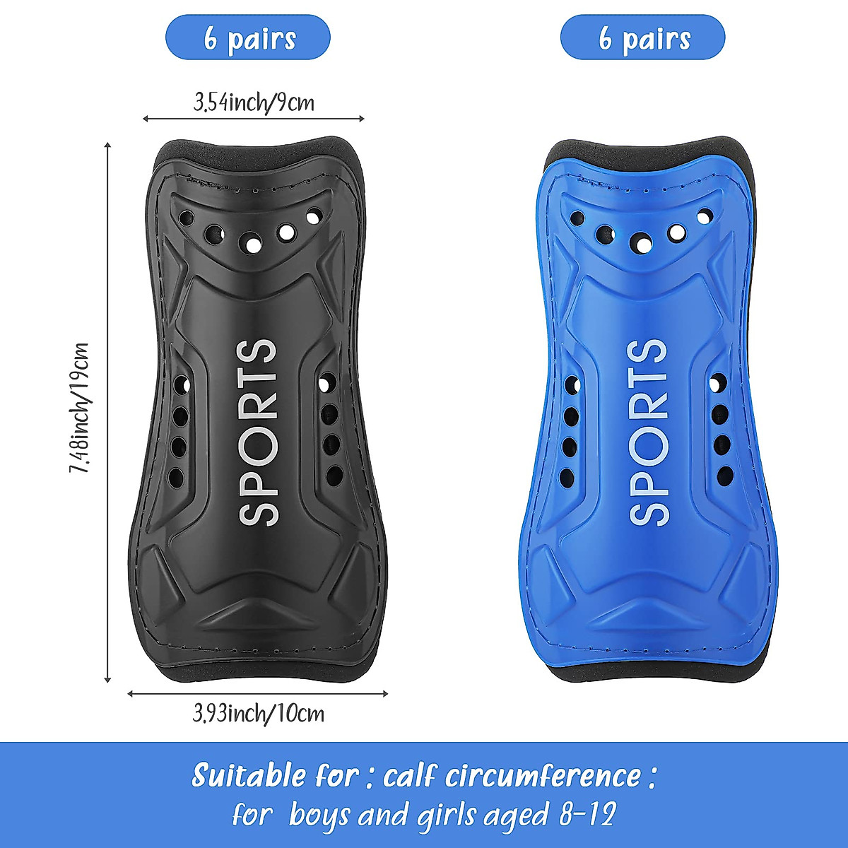 12 Pairs Youth Soccer Shin Guards Lightweight Breathable Child Calf Protective Gear Soccer Equipment Kids Shin Guards for 4-12 Soccer Boys and Girls Children Teenagers（L，8-12 years old）