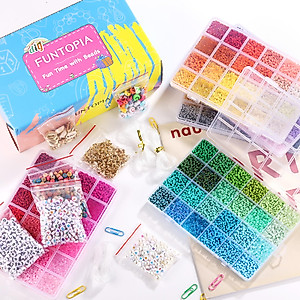 Funtopia 4mm 13000pcs+ Seed Beads for Jewelry Making, 120 Colors Small Glass Beads for Bracelets, Friendship Bracelet Kit with Alphabet Letter Beads Smile Face Beads for DIY, Art and Craft