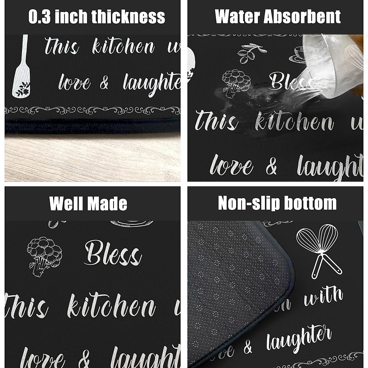 Black Kitchen with Love Kitchen Rugs 2Pcs Kitchen Floor Mats for Restaurant Kitchen Farmhouse Floor Decor Non Slip Washable Standing Kitchen Runner Mats 17"x30"+17"x47"