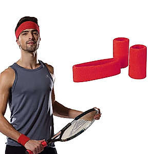 Sweatbands (Headband/Wristband Set) for Working Out,80's costume party (Red, OneSize)