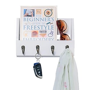 Flintar Wall Mounted Key and Mail Holder with 4 Hooks. Made of Solid Wood. Use as Key Rack, Entryway or Mudroom Organizer, Mail Sorter, Magazine Holder, Bill Sorter, Rustic Home Décor (White)
