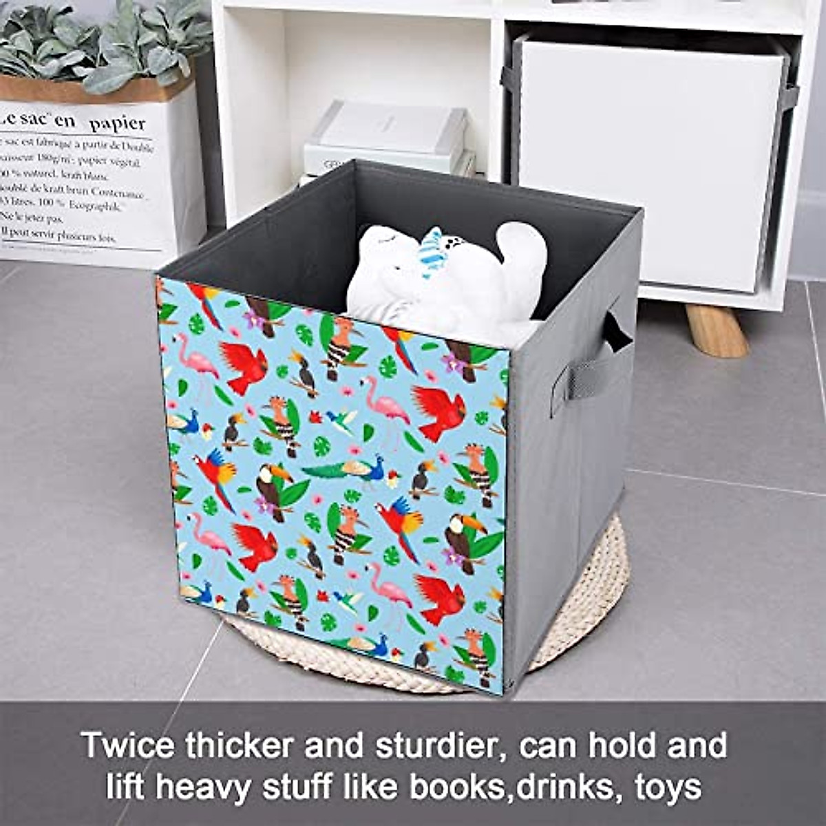 Tropical Birds Jungle Summer PU Leather Collapsible Storage Bins Canvas Cube Organizer Basket with Handles