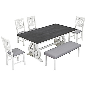 KoiHome Wooden, Farmhouse Rectangular Legs, 4 Carved Hollow Back and Bench for Home Room,Kitchen/Restaurant (Gray+White), 6-Piece Dining Table/Chairs Set