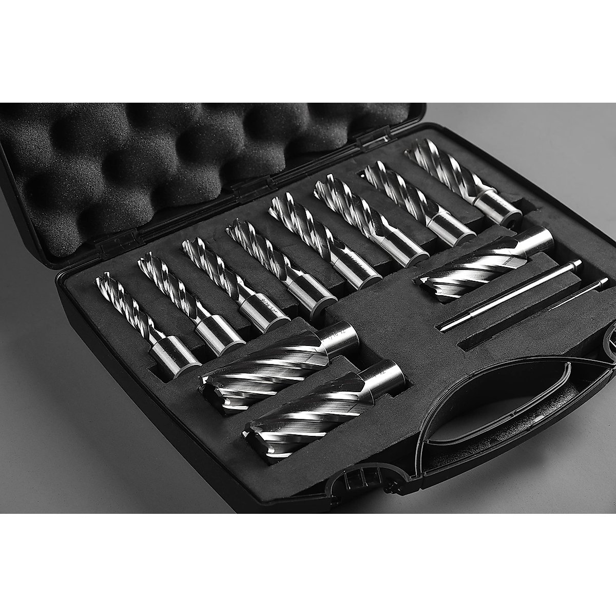 Annular Cutter Set 13 pcs JESTUOUS 3/4 Inch Weldon Shank 2 Cutting Depth and Cutting Diameter from 7/16 to 1-1/16 for Drill Press HSS Standard Kit Two Flat with 2 Pilot Pins