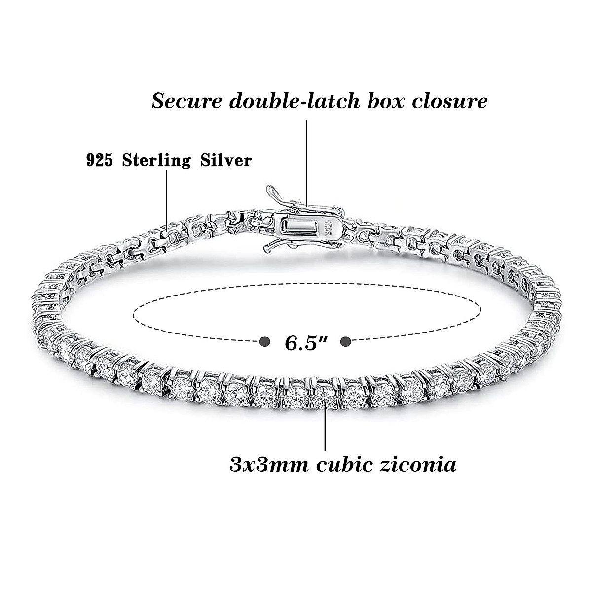 TIKJE 925 Sterling Silver 3mm Cubic Zirconia Classic Tennis Bracelet | White Gold Bracelets for Women | Size 6.5 Inch