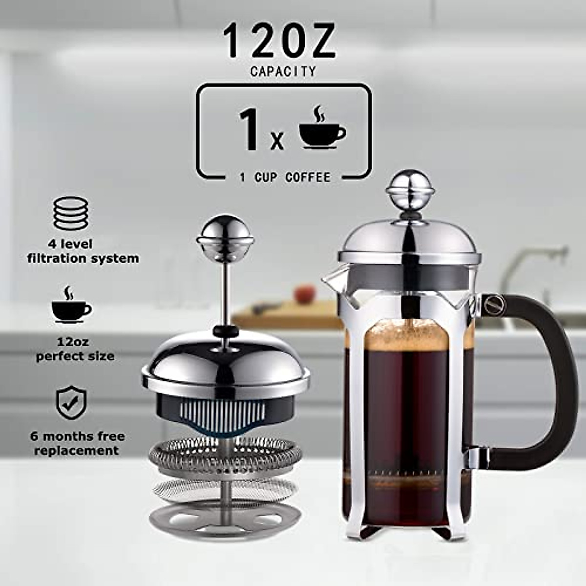 EAXCK 12oz French Press Coffee Maker, 304 Stainless Steel Coffee Press 4 Level Filtration System, Heat Resistant Thickened Borosilicate Glass, Easy Clean,100% BPA Free, Suitable for Single Person Use