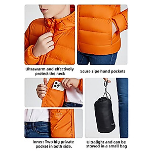 BALEAF Kids Puffer Down Jackets with Hood for Boys Girls Ultralight Packable Cold Winter Lightweight Outerwear Orange XS