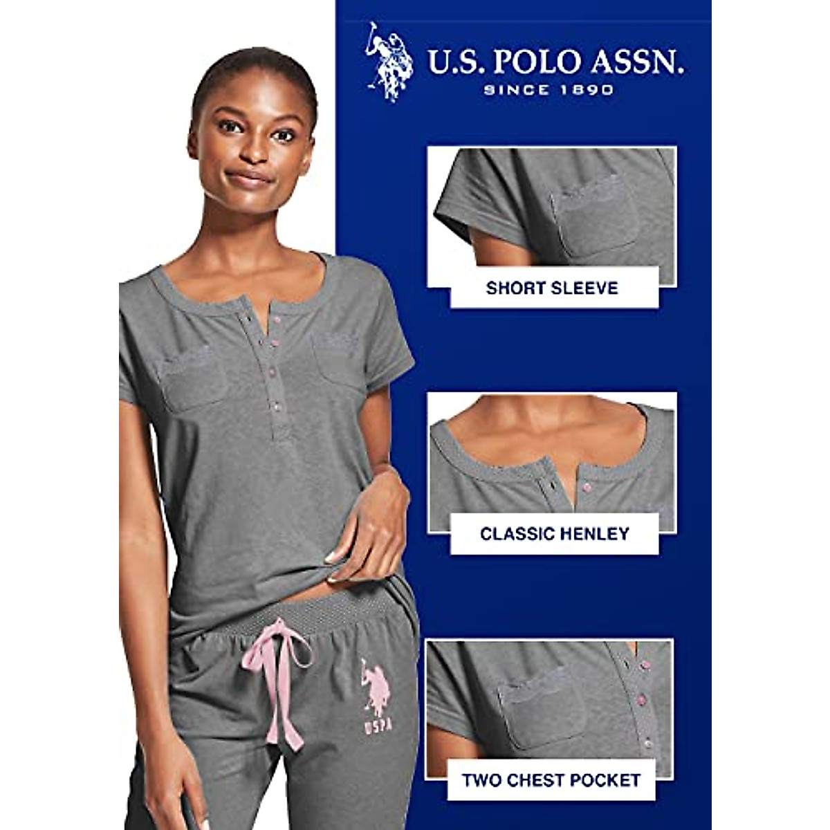 U.S. Polo Assn. Womens Pajama Set - Short Sleeve PJs with Joggers - Sleepwear Set Ideal for Lounging (Charcoal Heather Sky, 2X)