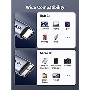 UGREEN Micro B to USB C Hard Drive Cables 10 Gbps, 3.3 FT USB C to Micro B, USB C to External Hard Drive Cable Compatible with MacBook Air M2 Pro, iPad, Galaxy S22, WD Toshiba Westgate Seagate, etc