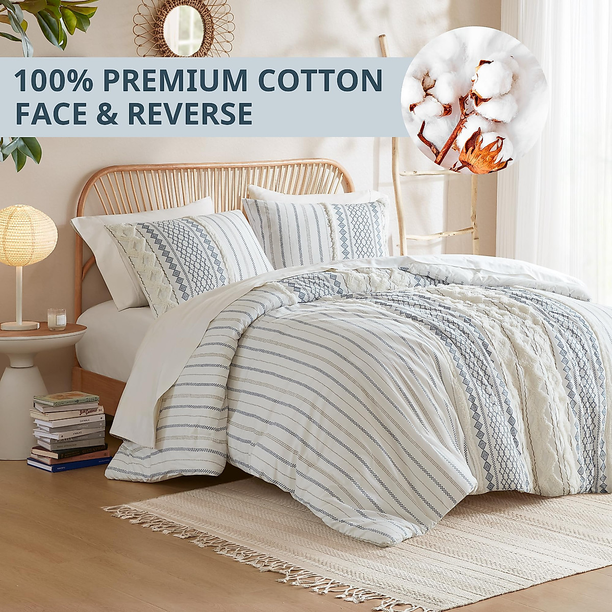 INK+IVY Comforter for Queen Size Bed, Chenille Tufted, Breathable Cotton Comforter Set Queen, All Season Modern Boho Comforter with Farmhouse Bedding Flare, 2 Matching Shams, Queen White/Navy 3 Piece