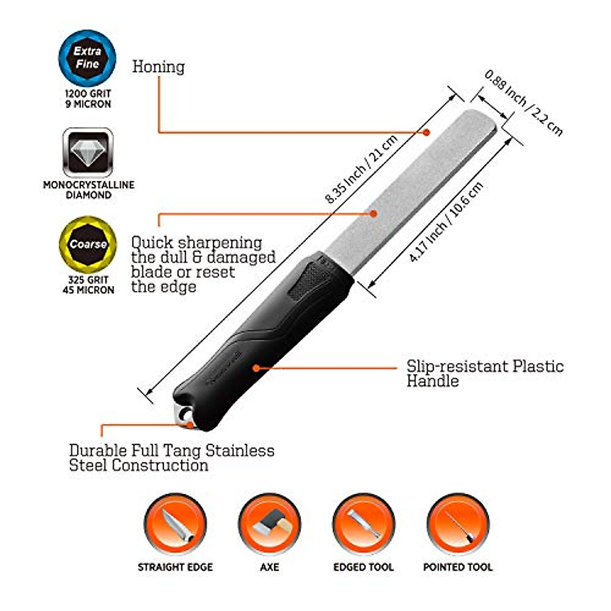 SHARPAL 121N Dual-Grit Diamond Sharpening Stone File Garden Tool Sharpener Coarse 325 / Extra Fine 1200 Grit for Sharpening Knife, Axe, Hatchet, Lawn Mower Blade, Loppers, Chisels, Spade, Drills