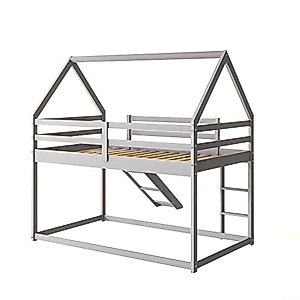 Twin Size Bunk House Bed with Convertible Slide and Ladder,Twin Over Twin Wooden Bed Frame with Guardrails for Kids Teens Girls Boys,Gray