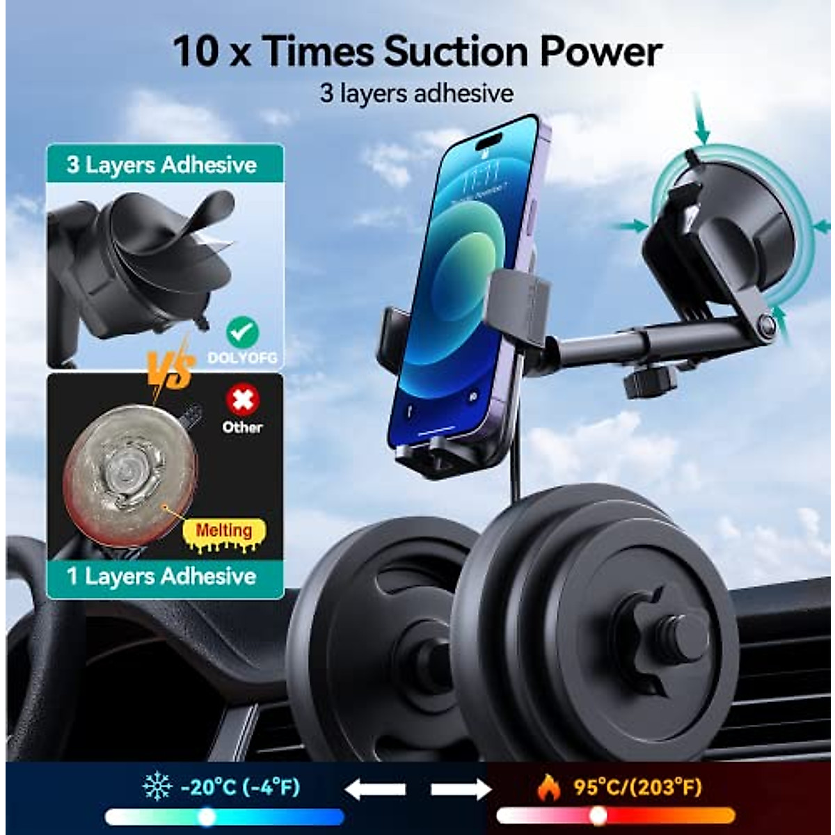 Car Phone Holder Mount, [Military-Grade Suction & Super Sturdy Base] 3 in 1 Universal Phone Mount For Car Dashboard Windshield Air Vent Hands Free Car Phone Mount for iPhone Android All Smartphone