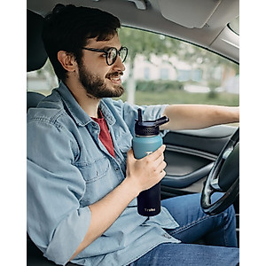 Trebo 32oz Insulated Water Bottle that Fits in Cup Holder, Stainless Steel Double Wall Tumbler Flask Bottles with Paracord Handle, with Straw Spout Lids, Keep Cold for 48 Hrs/Hot 24 Hrs,Indigo/Black