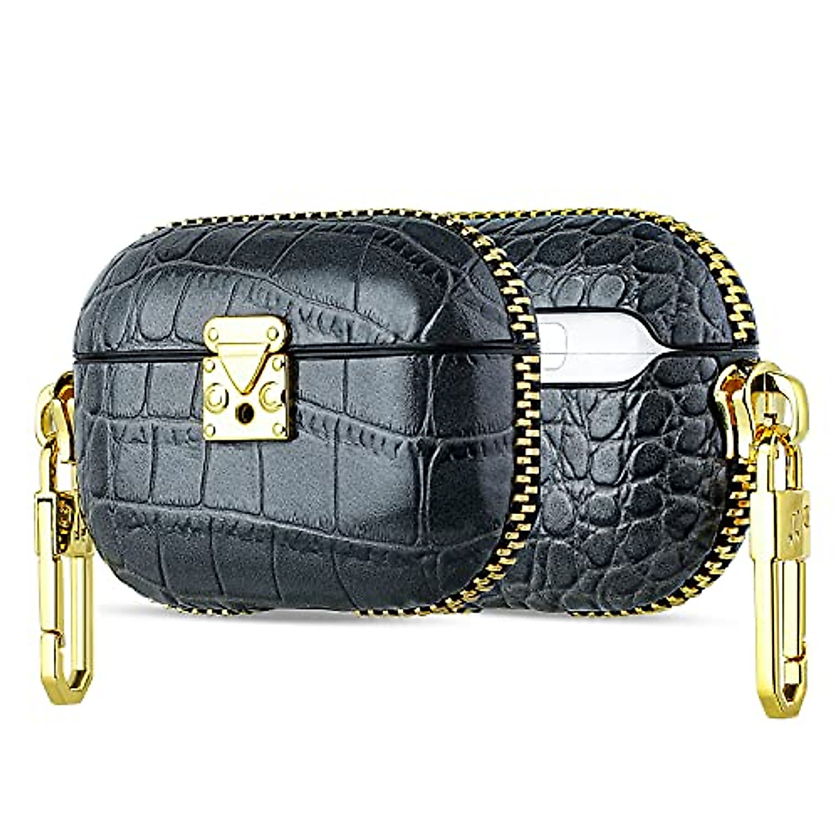 FEXION for AirPods Pro Leather Case, AirPods Pro Case Shockproof Cover with Gold Buckle, Glossy Texture Natural Crocodile Pattern for AirPods Pro (Dark Gray)