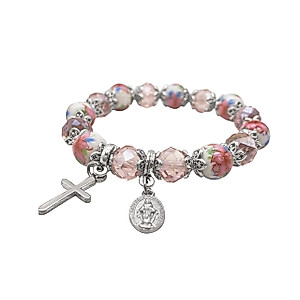 Nazareth Store Religious Cross Bracelet Pink Crystal Beaded Stretch Rosary Bracelet with Ceramic Flowers Beads Bangle Crucifix & Miraculous Medal Charm