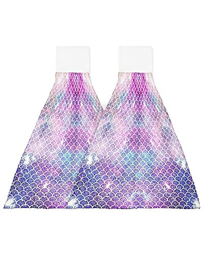 Fangship Hanging Kitchen Towel with Loop 2 Pack Beautiful Dreamy Pink Mermaid Scales Soft Dish Towels Tie Towel Tea Towels Washcloth for Bathroom Home