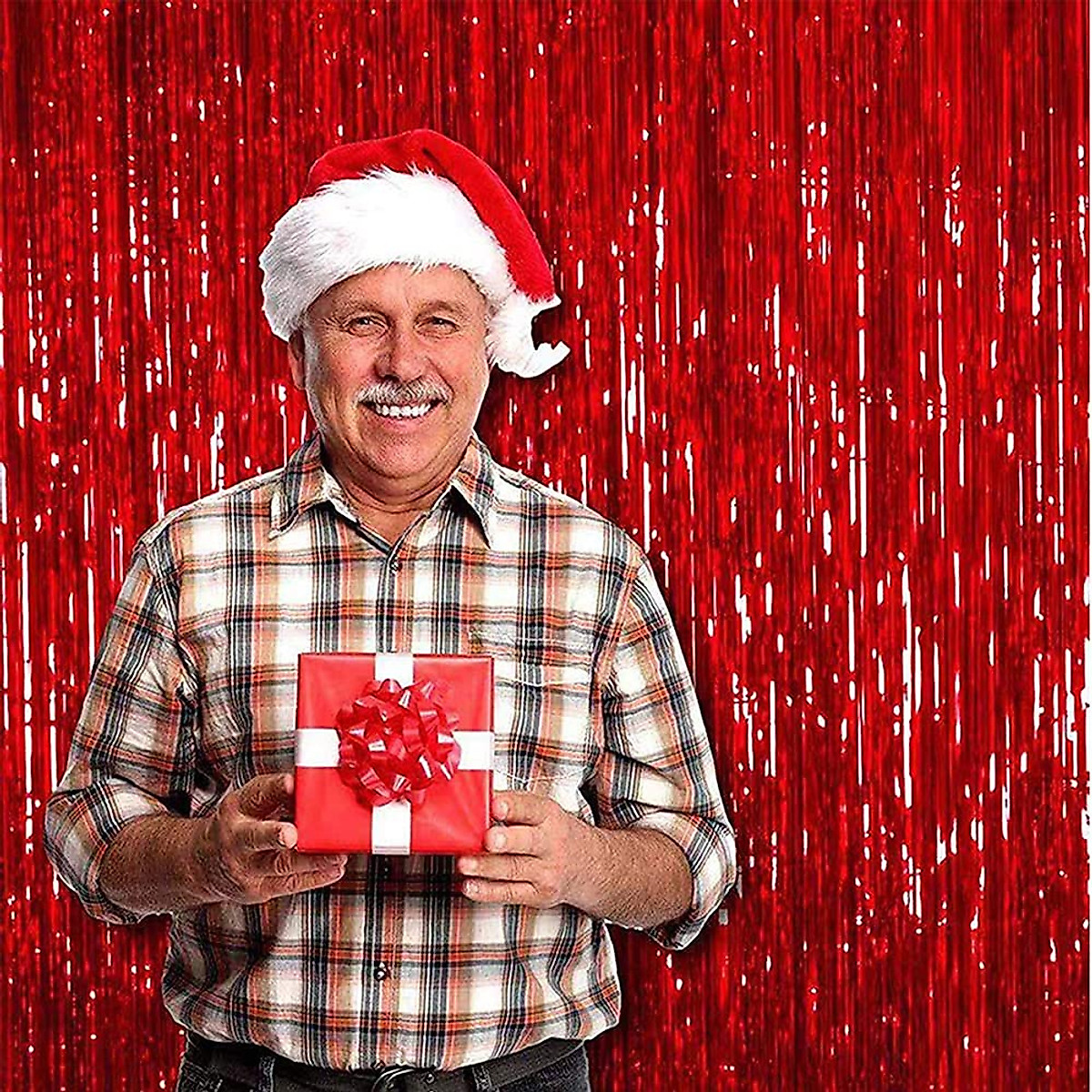 2PCS Red Foil Fringe Curtain Backdrop, 8ft Sparkle Tinsel Metallic Curtains for Birthday Party Wedding Graduation Photo Booth Backdrop Valentines Christmas Halloween Disco Party Decorations