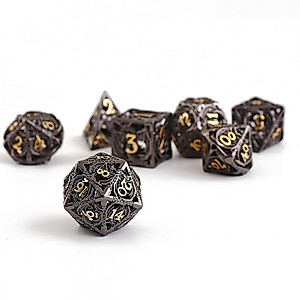 Hollow Metal D&D Dice Set with Gift Box, DND Role Playing Game D20 D12 D10 D8 D6 D4 Polyhedral Dice Set for Dungeons and Dragons Pathfinder Shadowrun Math Teaching RPG, Black Gold