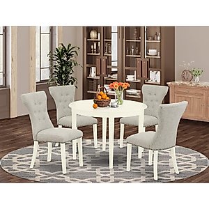 HomeStock Classic Comfort 5-Pc Table and Chairs Dining Set Included A Round Dining Table & 4 Kitchen Chairs, Doeskin Linen Fabric Parson Chairs Seat with Rubber Wood Legs, Linen White Finish