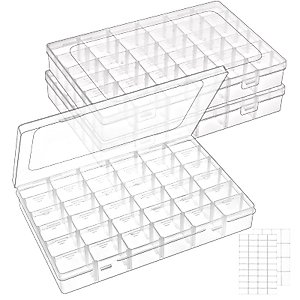 QUEFE 3 Pack 36 Grids Clear Plastic Organizer Storage Box Container, Craft Storage with Adjustable Dividers for Beads, Art DIY, Crafts, Jewelry, Fishing Tackle with Label Stickers