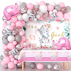 Winrayk Elephant Baby Shower Decorations for Girl Pink Elephant Balloon Garland Arch Kit It's a Girl Backdrop Tablecloth Star Elephant Foil Balloon, Toddler Birthday Party Girl Baby Shower Decorations