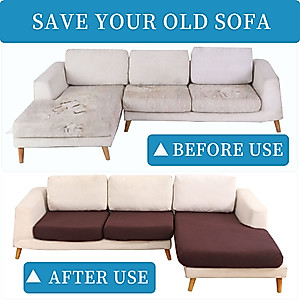 Hittun Sectional Couch Covers l Shape 4 Pieces Seat l Shape Couch Cover Sectional Washable,Stretch Sectional Sofa Covers Furniture Protector for Pets Dogs (Brown, 3 Seater + 1 Chaise)