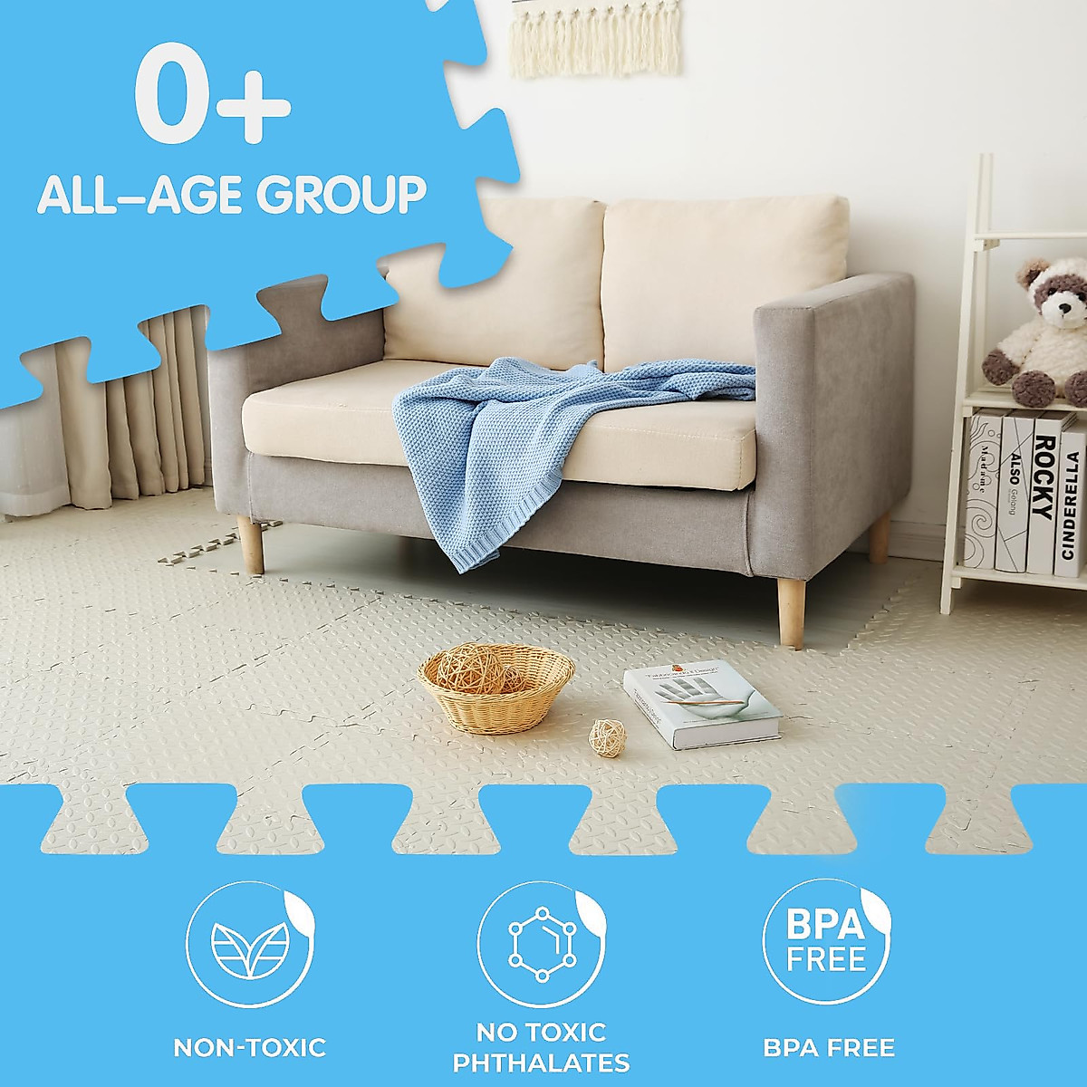 Coolcandy EVA Foam Play Mat, 16 Tiles Colorful Baby Play Mat, Square Kids Playmat with Solid Colored, 0.4" Thickened Interlocking Foam Floor Tiles, Puzzle Play Mat for Baby Crawling, Playing (White)