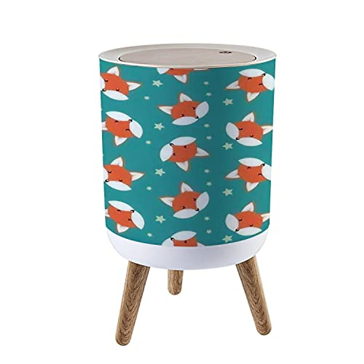 Small Trash Can with Lid Cute Cartoon Foxes Seamless with Foxes Faces Round Recycle Bin Press Top Dog Proof Wastebasket for Kitchen Bathroom Bedroom Office 7L/1.8 Gallon