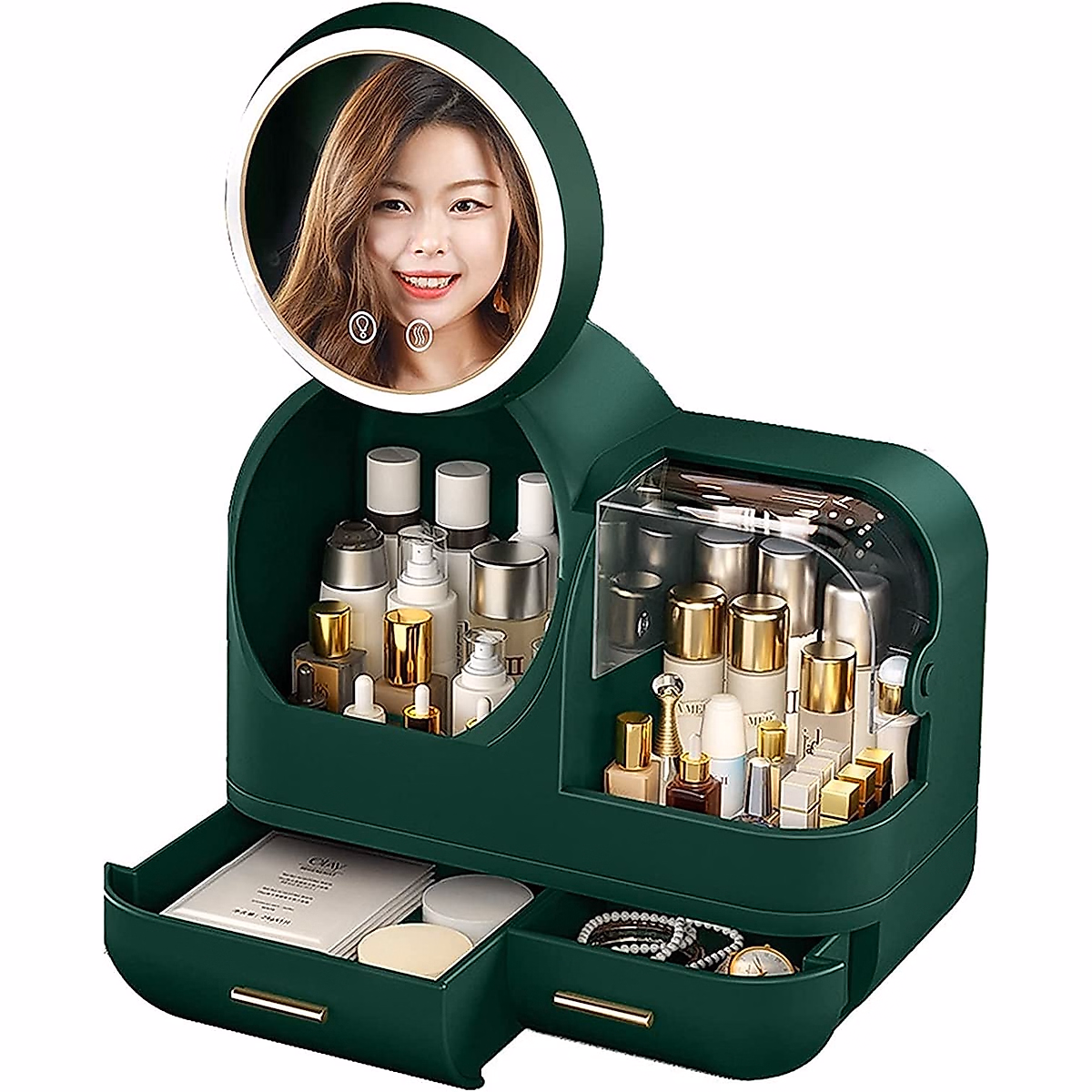 YXYH Cosmetic Organizer with Fan and 360° Rotating LED Mirror 3 Color Adjustable Standing Countertop Multifunctional Makeup Storage Box ( White)