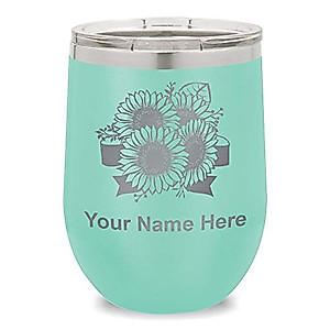 SkunkWerkz Wine Glass Tumbler, Sunflowers, Personalized Engraving Included (Teal)