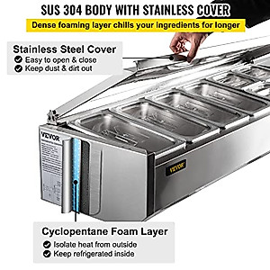 VEVOR 40Qt Sandwich Table 150W Stainless Salad Bar Refrigerated Condiment Prep Station, 60in, Silver