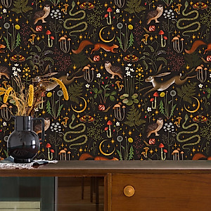 VEELIKE Fairytale Forest Botanical Wallpaper Peel and Stick Dark Moon Stars Floral Wallpaper for Bedroom Nursery Removable Woodland Wallpaper 17.7''x118'' Self Adhesive Contact Paper for Walls Cabinet