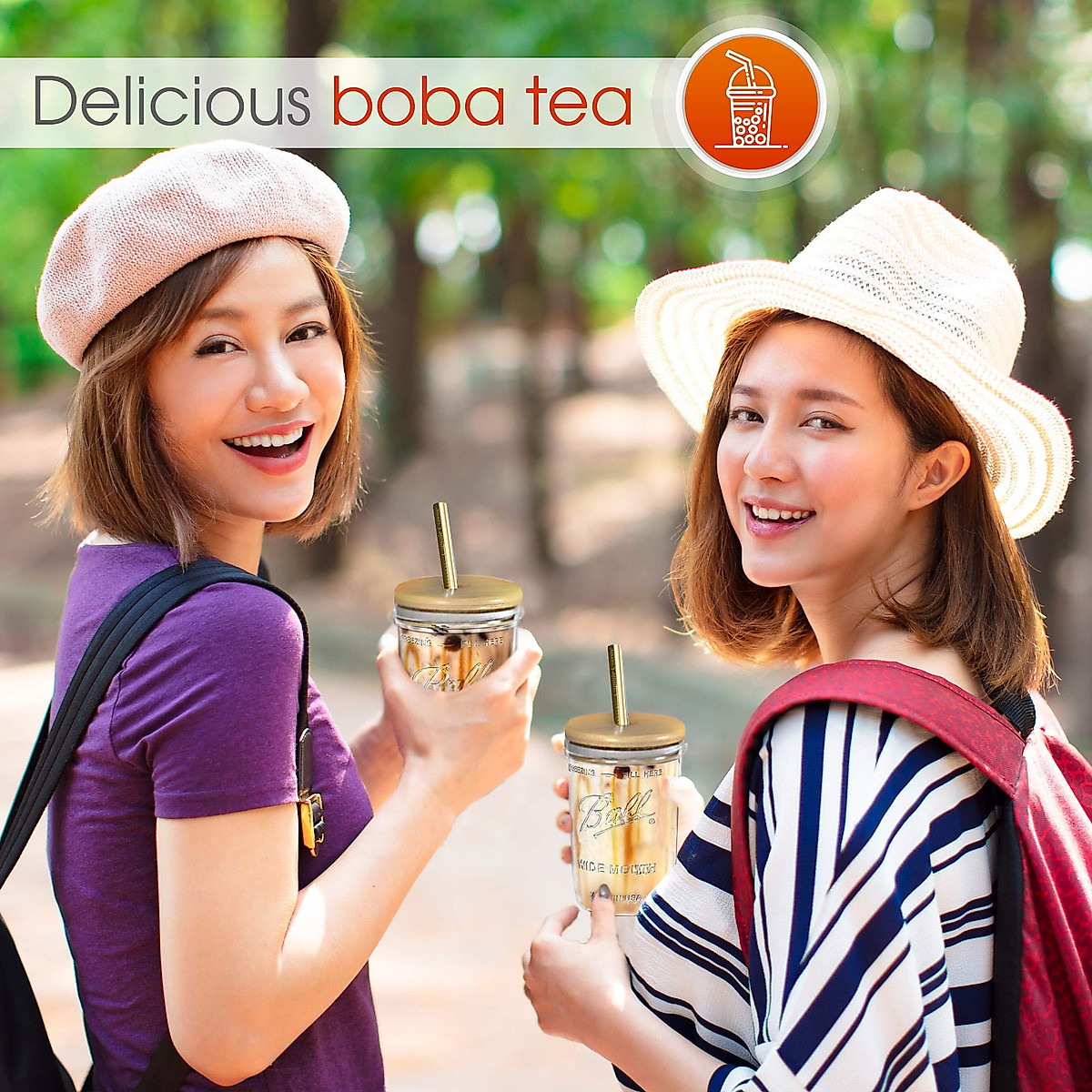 Reusable Boba Bubble Tea & Smoothie Cups - 2 Glass Wide Mouth 16oz Mason Jars with Bamboo Lids - 2 Reusable Gold Stainless Steel Boba Straws
