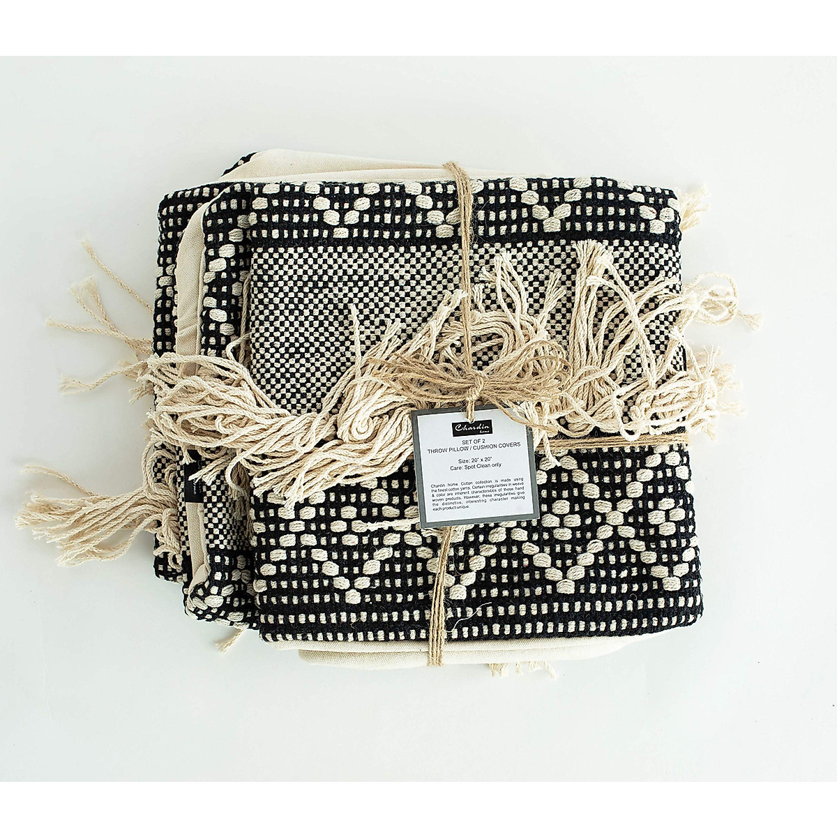 Chardin home Black & Ivory Boho Pillow Covers, Set of 2 Decorative Throw Pillow Covers 20x20 with Fringe Tassels | Farmhouse Pillow Cover with Woven Diamond Design