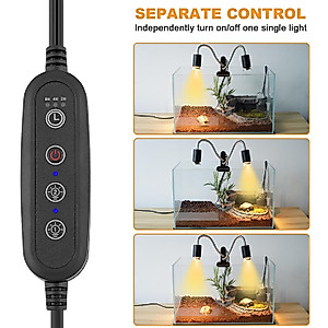 NBIIUYIGE Reptile Heat Lamp, Dual-Head UVA UVB Reptile Light, Heating Lamp with Cycle Timer, Heat Lamp for Reptiles Bearded Dragon Turtle Crab Snake Lizard, Separate Control, 3 Basking Bulbs Light