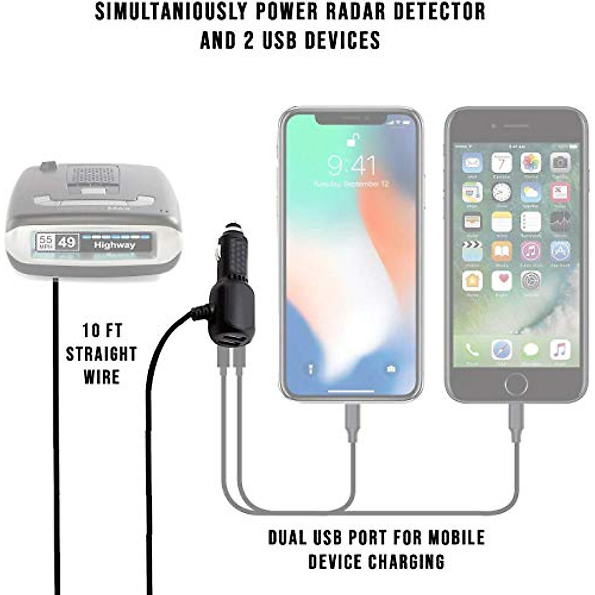 Radar Detector DC Cigarette Lighter Plug with 2 USB Charging Ports | Replacement Power Adapter (10ft Straight Wire)