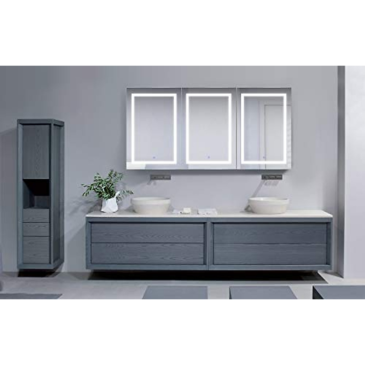 Krugg LED Medicine Cabinet 72 Inch X 36 Inch | Recessed or Surface Mount Mirror Cabinet w/Dimmer & Defogger + 3X Makeup Mirror Inside & Outlet + USB(Left Left Right)