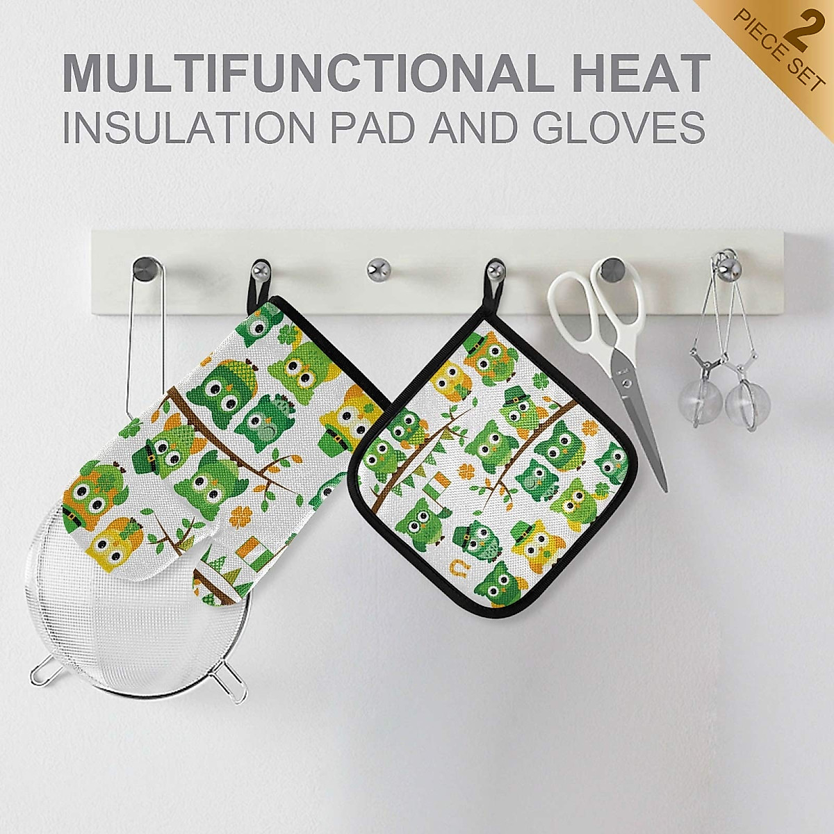 St Patrick Owls Oven Mitt and Hot Pads Set,Good Luck Cooking Heat Resistant Potholder Glove 2pcs for Kitchen Cooking BBQ Bakeware
