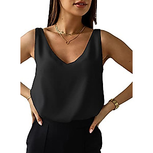 Dokotoo Black Tank Top Women 2023 V Neck Satin Long Flowy Womens Tank Tops Loose Fit Silk Dressy Camisole Black Medium