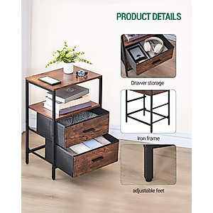 Hzuaneri End Table, Nightstands with 2 Fabric Storage Drawers and Shelves, Side Table, Bedside Tables with Open Storage Shelf for Bedroom, Office, Rustic Brown NS30701B