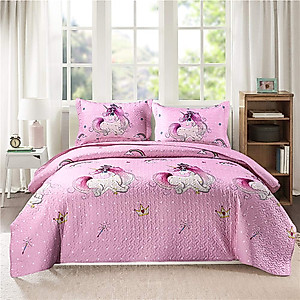 Quilt Set Twin Size Girls Quilt Bedding Twin Quilts Girls Kids Quilt Bedspreads Coverlet Pink Unicorn Bedding Girls Lightweight Reversible Quilts Set Bedding Girls Pink Quilt with Pillow Shams