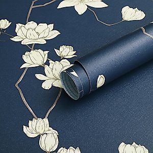 GloryTik 17.3" x 118" Floral Wallpaper Dark Blue Peel and Stick Wallpaper Beige Flower Contact Paper Vintage Self Adhesive Wallpaper Removable Mural Wallpaper for Home Wall Decoration Vinyl Roll