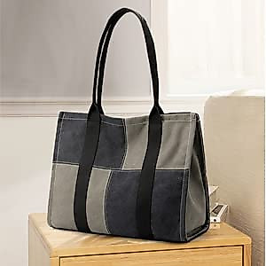 ZHIERNA Canvas Work Tote Bags for Women, Lightweight Shoulder Purse Top Handle Handbag With Zipper for School Travel Beach(Grey)