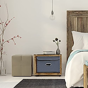 SEVENDOME Linen Fabric Foldable Collapsible Storage Cube Bin Organizer Basket with Lid, Leather Handles, Removable Divider for Home, Closet (Grey, 3Pcs)