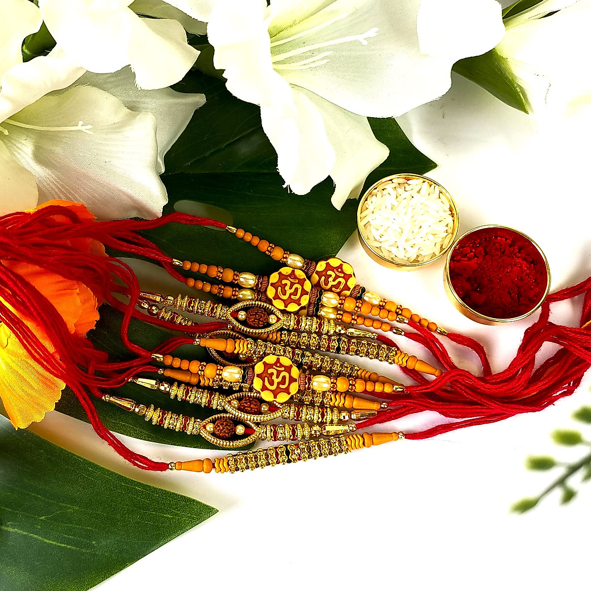 KSJONE Set of 12 Om Design Rakhi Thread, Rakhi for Brother, Raksha Bandha Gift for Your Brother, Rakhi Bracelet for Loving Sibling, Father, Bhabhi, Bhaiya with Roli Chawal (Design 4)